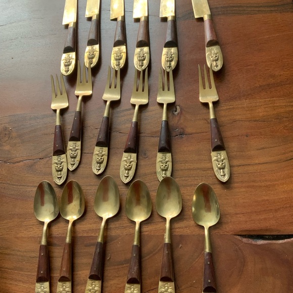 Siam | Dining | Vintage Siam Brassbronze Teak Wood Flatware 8 Pierces ...
